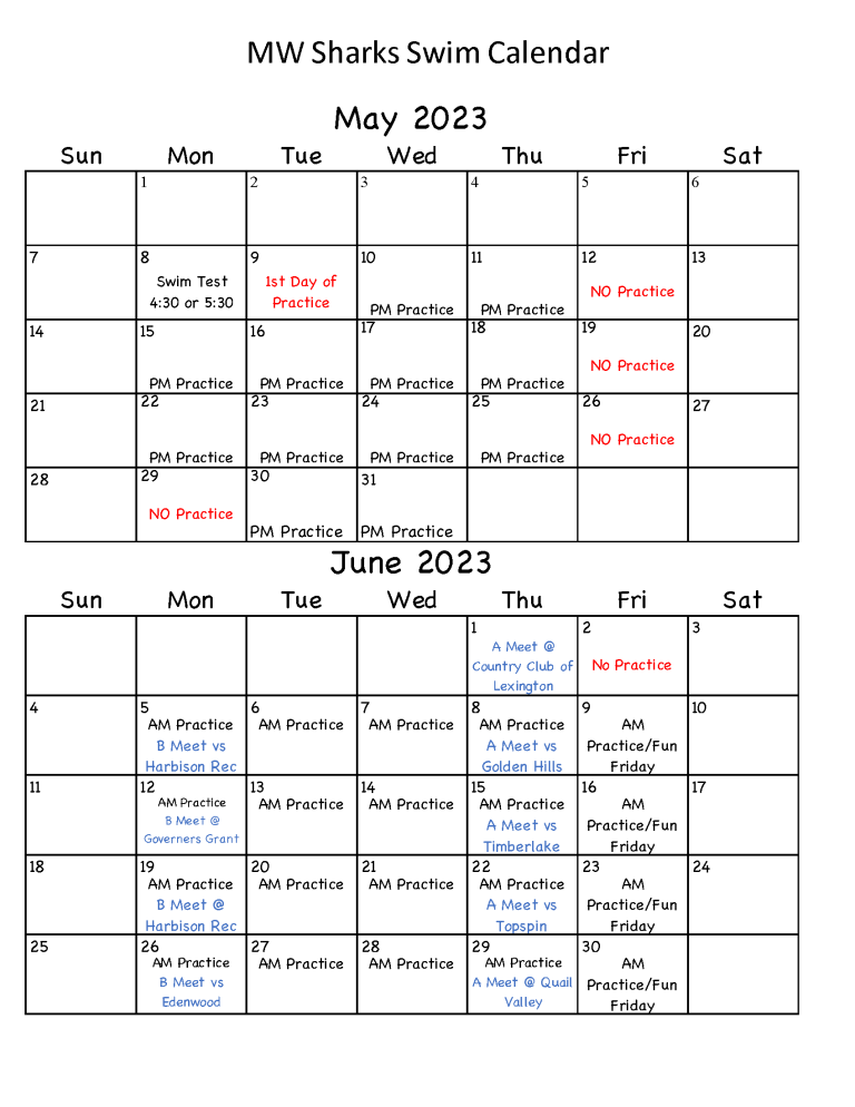 Swim Team Calendar 2023 | Murraywood Swim & Racquet Club