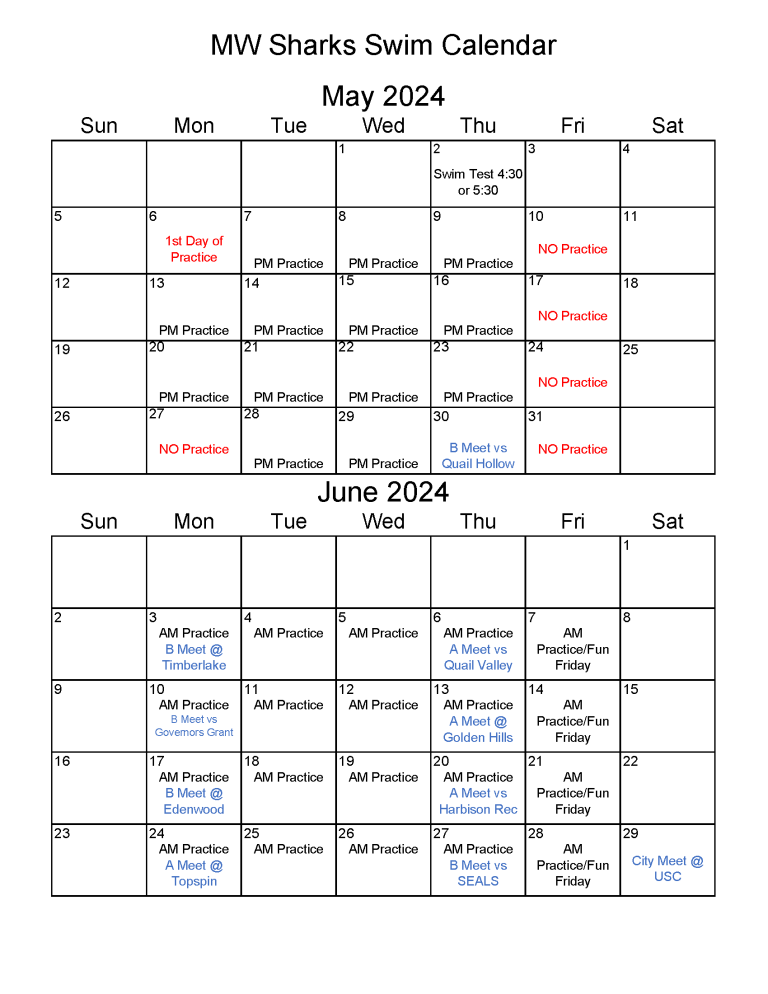 Swim Team Calendar 2024 | Murraywood Swim & Racquet Club